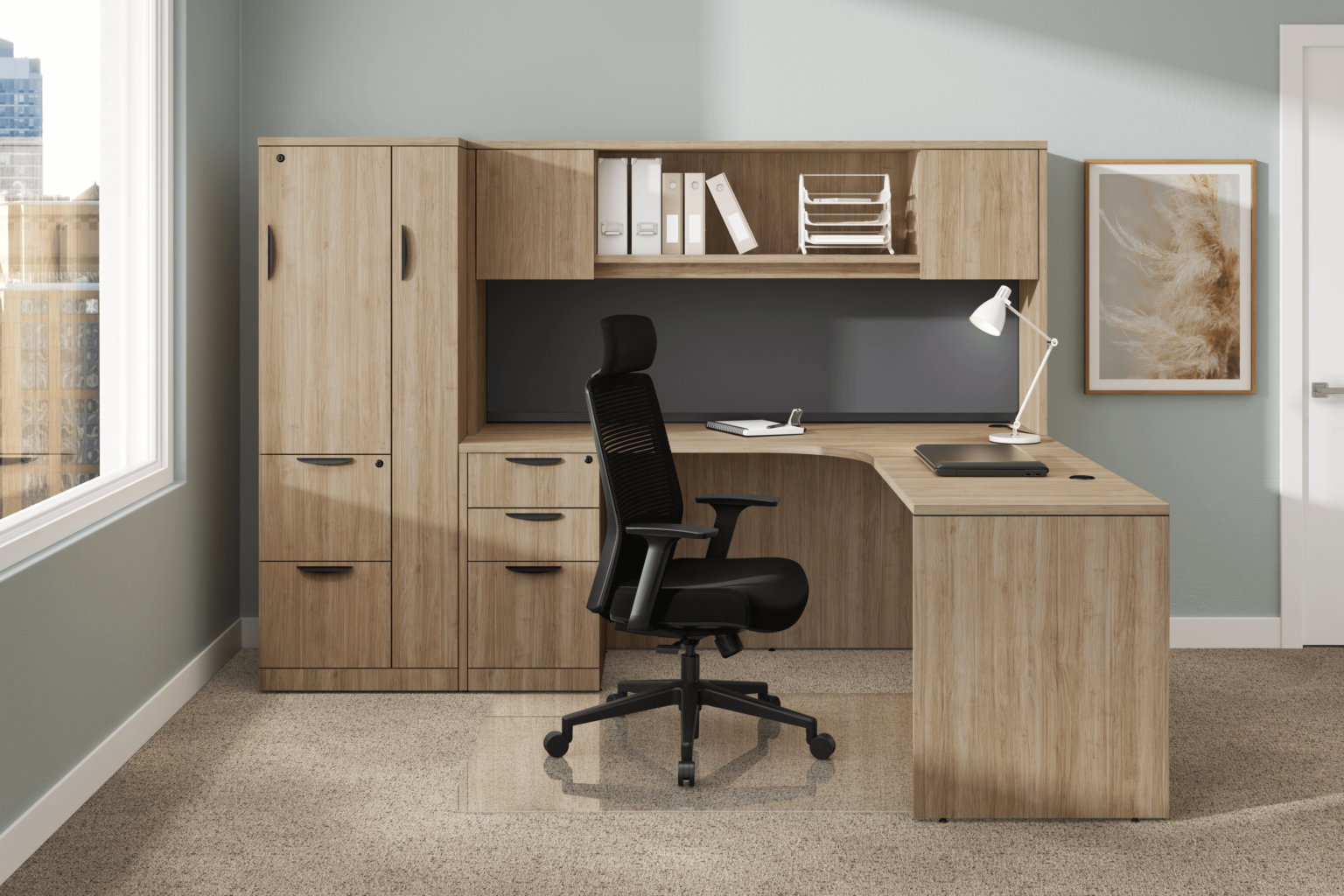 L Shape Workstation with Combo Storage - PL Classic - Aspen Finish ...
